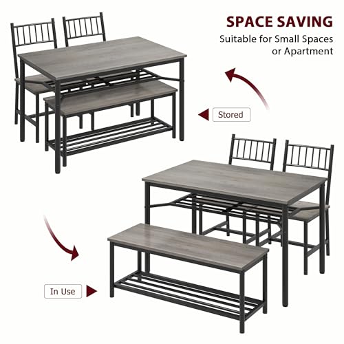 IDEALHOUSE Dining Table Set for 4, Kitchen Table and 2 Chairs with Storage Bench, 47.2" Rectangular Kitchen Table Set with Wine Rack, Dining Room Table Set for Small Space, Apartment, Rustic Gray