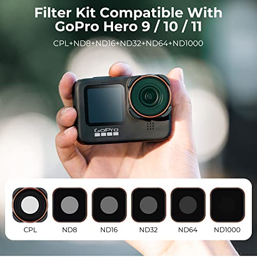 K&F Concept ND Filter Set Compatible with GoPro Hero12, Hero11, Hero10, Hero9 Black, 6 Pack (CPL/ND8/ND16/ND32/ND64/ND1000) Hero 9/10/11/12 Action Camera Accessory Neutral Density Polarizer Filter Kit