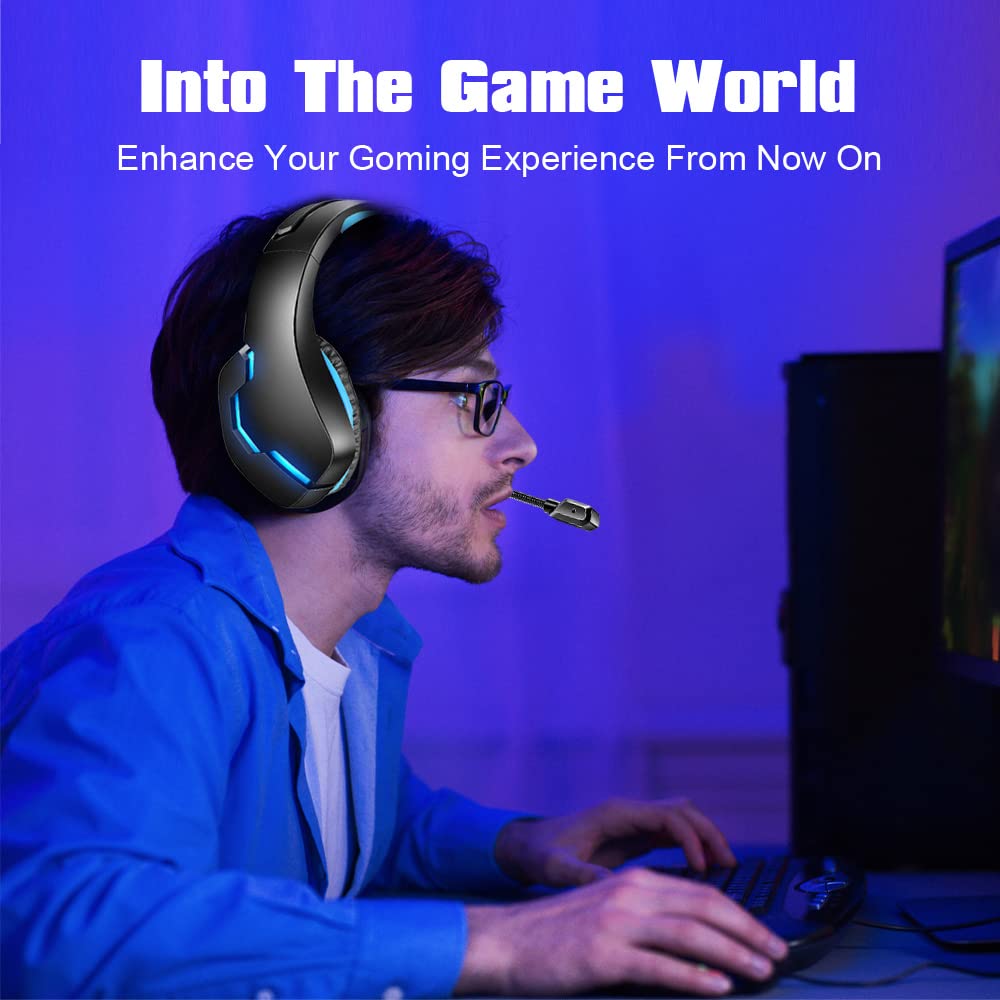 Kicoeon Gaming Headset with Microphone for PC PS4 PS5 Xbox One, Gaming Headphones 7.1 Surround Sound, Soft Memory Earmuffs, LED Light, Lightweight Over Ear Headset Wired for Switch Mac Laptop