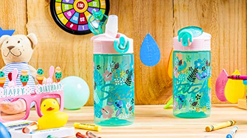 Zak Designs Kids Durable Plastic Spout Cover and Built-in Carrying Loop, Leak-Proof Water Design for Travel, (16oz, 2pc Set), Lilo and Stitch 2pk