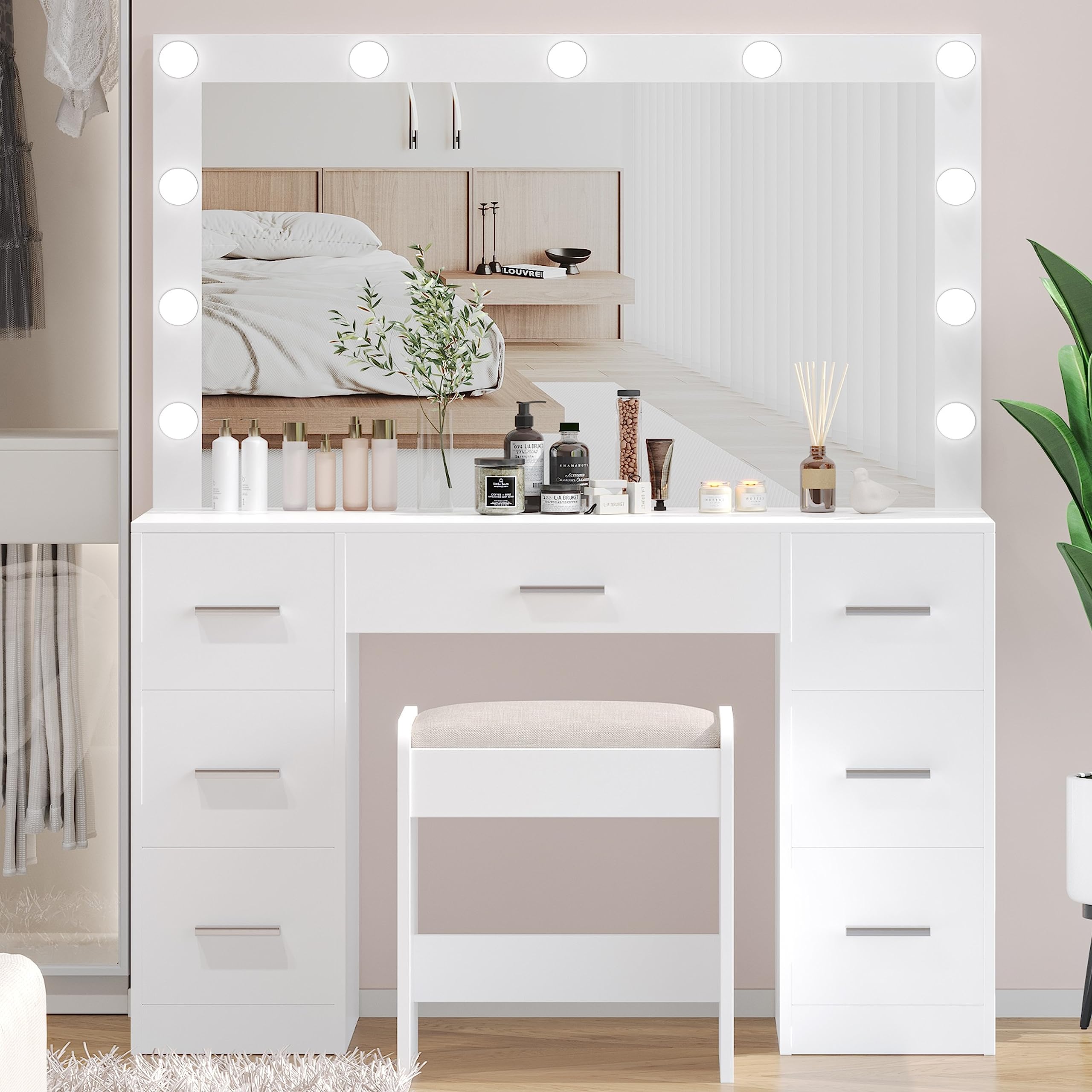 Irontar Vanity Desk with Stool, Makeup Table with Lighted Mirror, 3 Color Lighting Modes, Brightness Adjustable, Dressing Table with Drawers, Vanity Table Set for Women, White WDT004WD