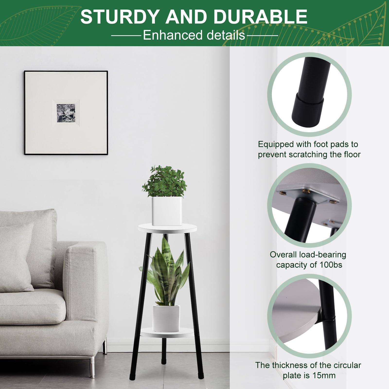 Indoor Plant Stand, 2 Tier w/ 3 Sizes Tall Plant Holder - Plant Table for Flower Pots, Heavy Duty Metal Tall Plant Holder, Multi-Purpose Modern Home Decor Small Round Side End Table