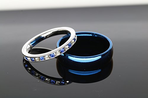 His and Hers 925 Sterling Silver Blue Saphire Stainless Steel Wedding Rings Set Blue #SP24BLMSBL (Size His 10, Hers 07)