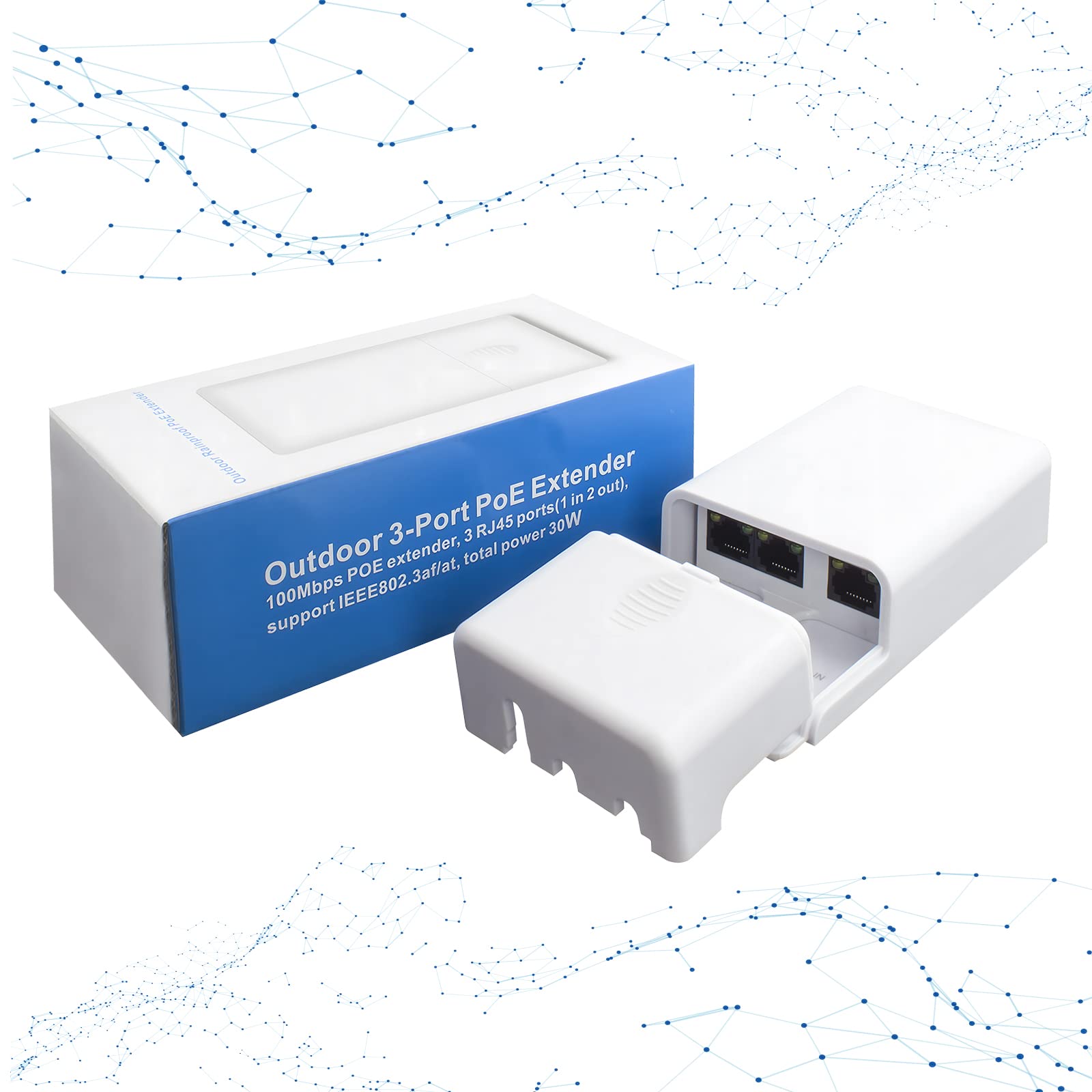 Outdoor 3 Port Passive POE Extender,IP65 Waterproof PoE Repeater,10/100Mbps,2 Channel Ethernet Cat5e/6, IEEE 802.3af/at,PoE Booster, Wall-Mount