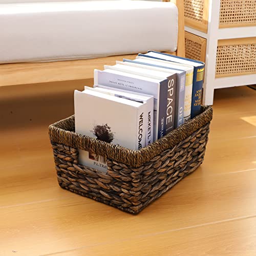 YRMT Wicker Woven Basket Water Hyacinth Storage Baskets for Organizing Medium Basket with Built-in Handles for Pantry Shelves Rectangular 13.8" x 9.8" x 6.3"