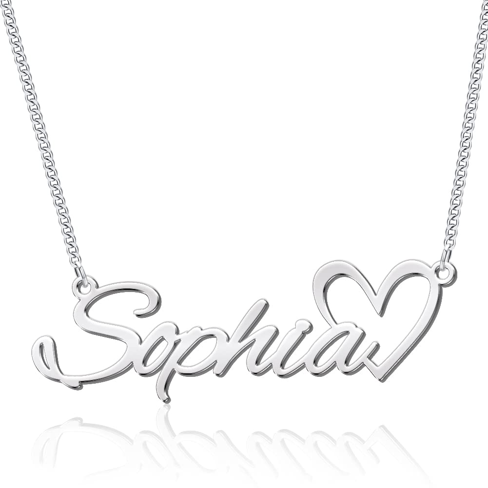 Laffyett Name Necklace Personalized with Heart Stainless Steel Custom Name Necklace Gifts for Women