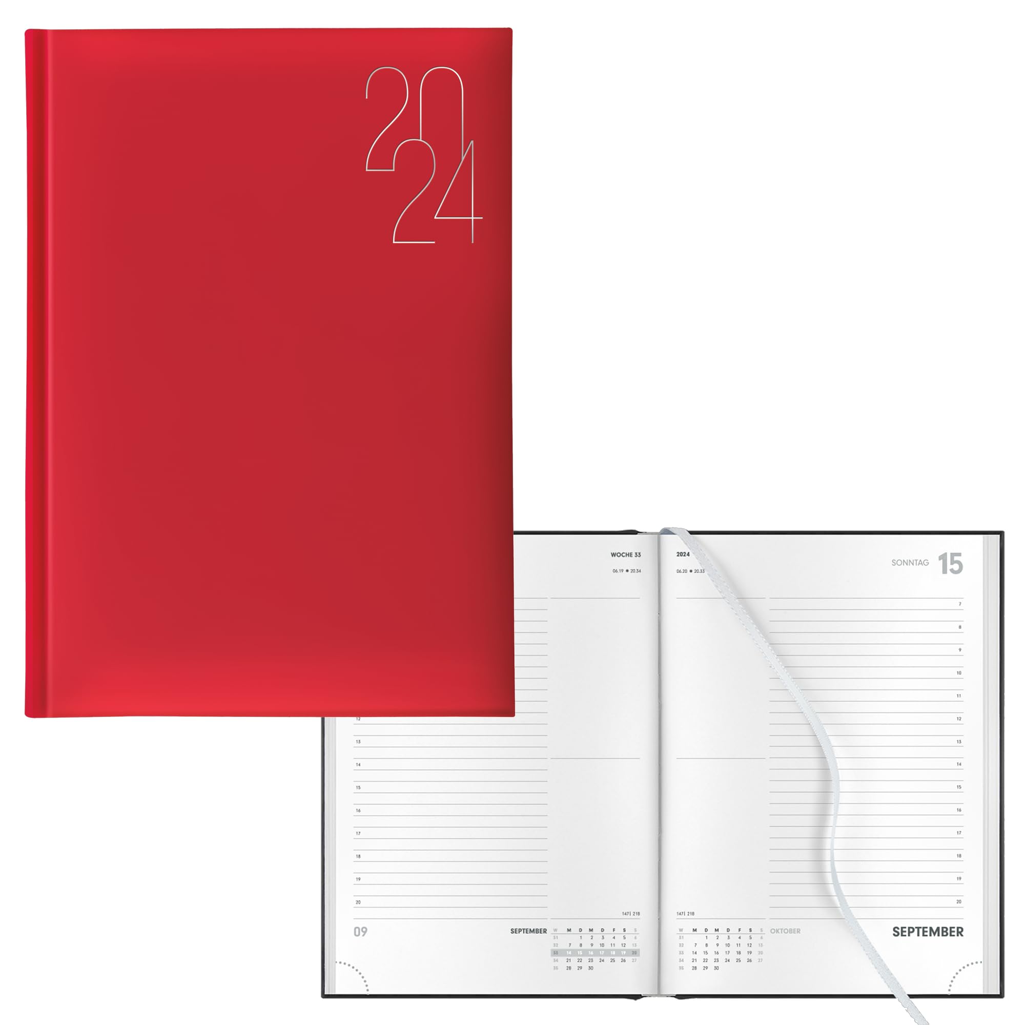 Idena 11019 - Book Calendar 2024, DIN A5, Red, 400 Pages, Hardcover Daily Planner with Ribbon
