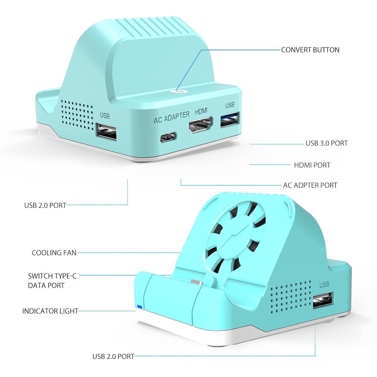 IQIKU Switch Dock with Cooling Fan and USB 3.0 Port, Portable Docking Station for Nintendo Switch and Switch OLED (Blue