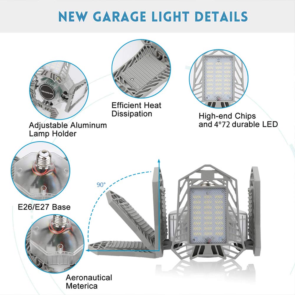 ISKYDRAW 2 Pack LED Garage Light 150W,4 Panels 15000lm Deformable Garage Ceiling Shop Light Fixture Quadruple Glow Adjustable Garage Lighting Bulb E26/E27,Led Light for Garage,Warehouse,Workshop,Barn