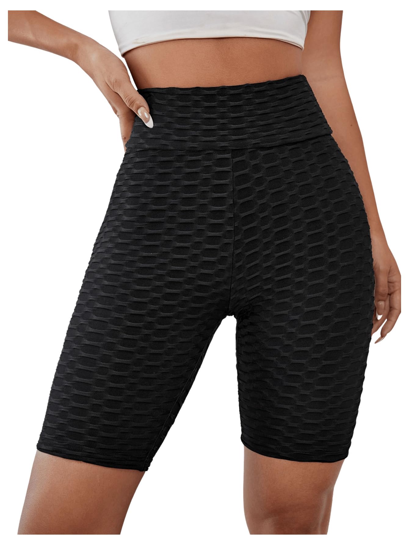 MakeMeChic Women's Lace Trim Wide Waistband High Waisted Biker Shorts Short Leggings Under Shorts Black M