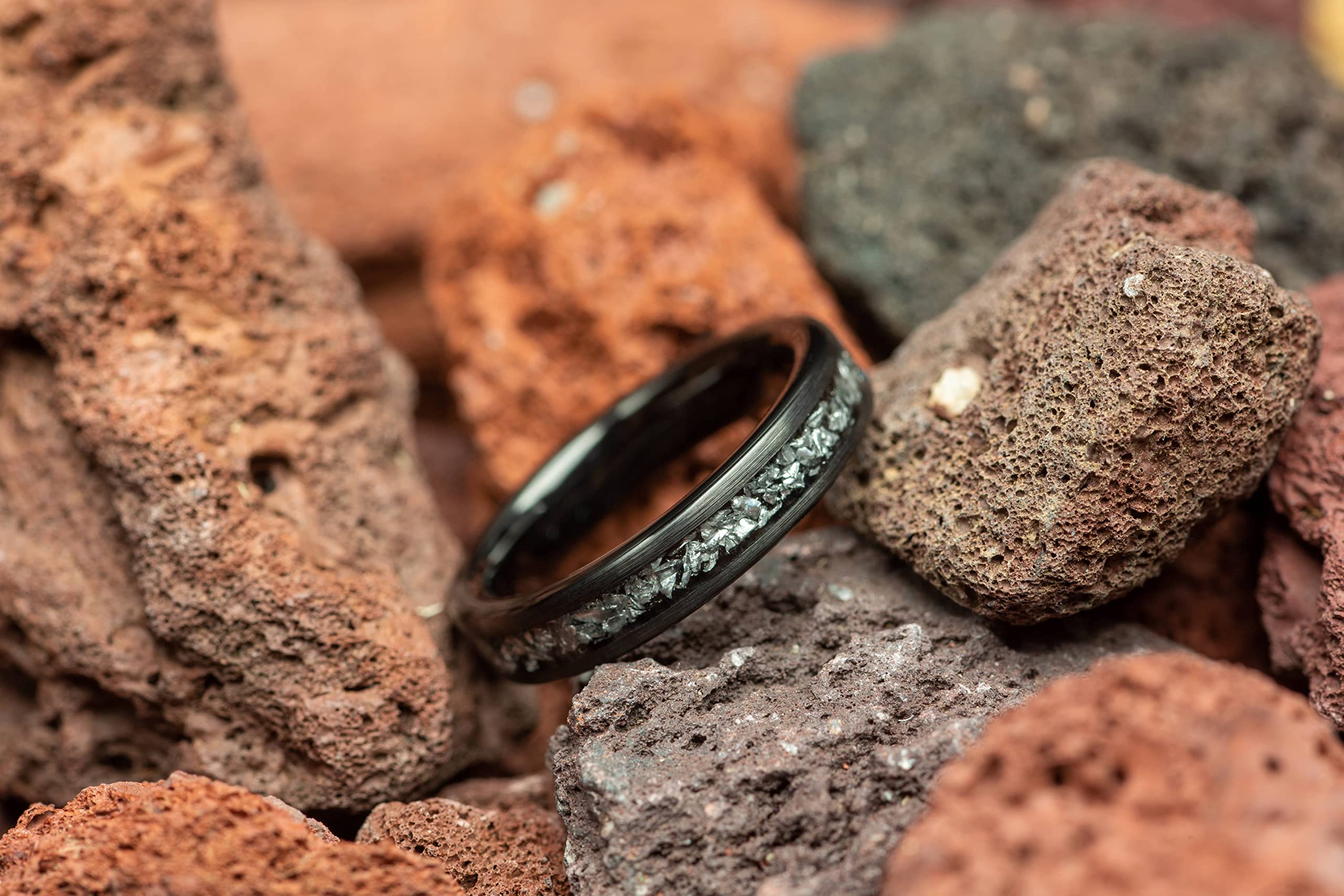 Meteorite Womens Wedding Ring Brushed Black Tungsten | Womens Wedding Band | 4mm Comfort Fit Womens Ring, Gold