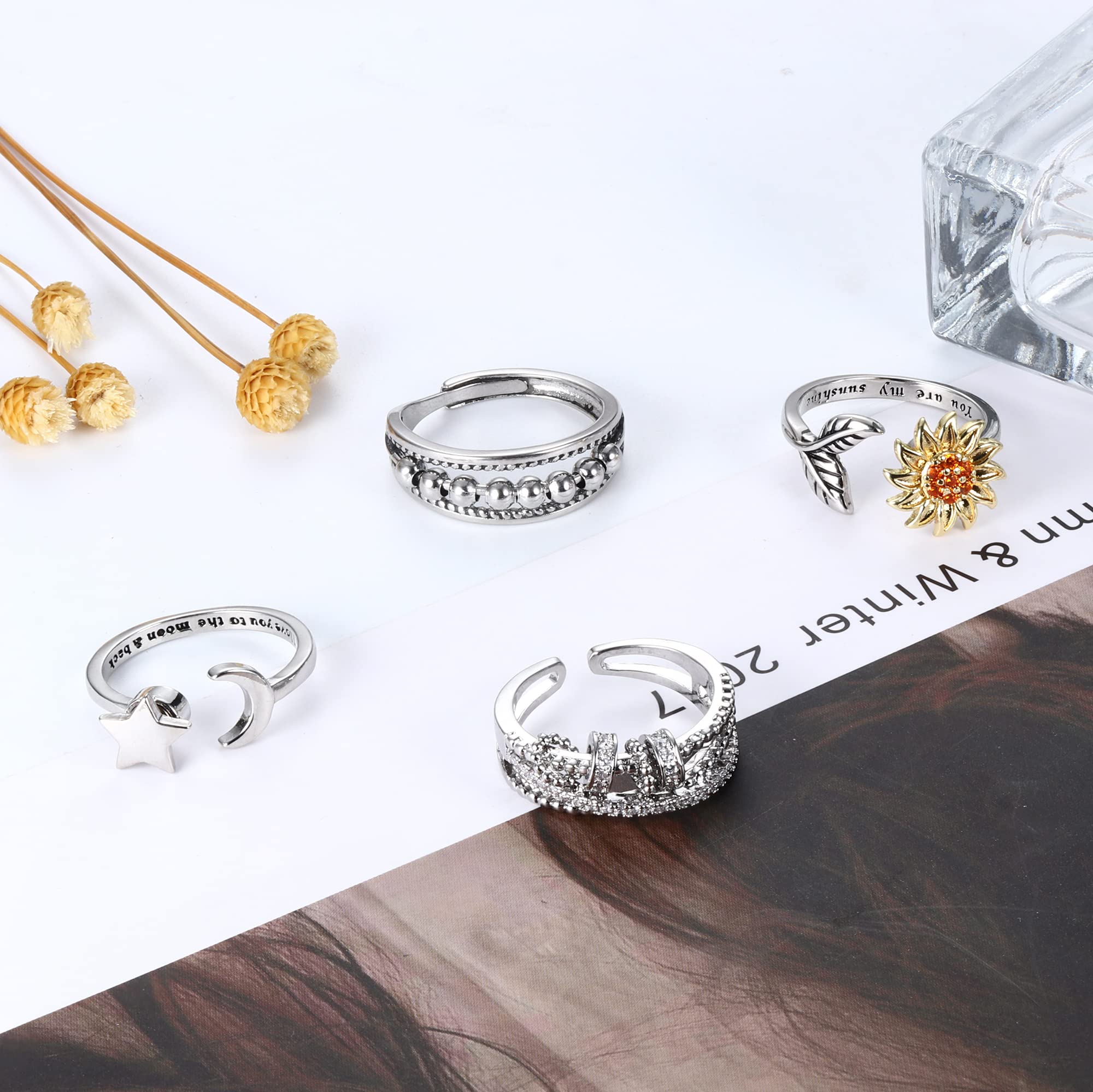 Jstyle Fidget Anxiety Rings for Women Adjustable Open Ring Set Spinner Rings for Anxiety Flower Cubic Zirconia Bead Moon Star Stress Relief Stackable Rings 4Pcs