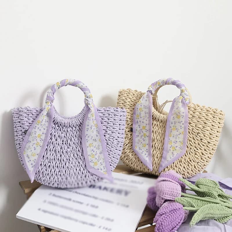 n/a Summer Handmade Woven Rattan Straw Bag Round Handle Purple Tote Beach Vacation Female Semicircle Handbag (Color : B, Size : One Size)