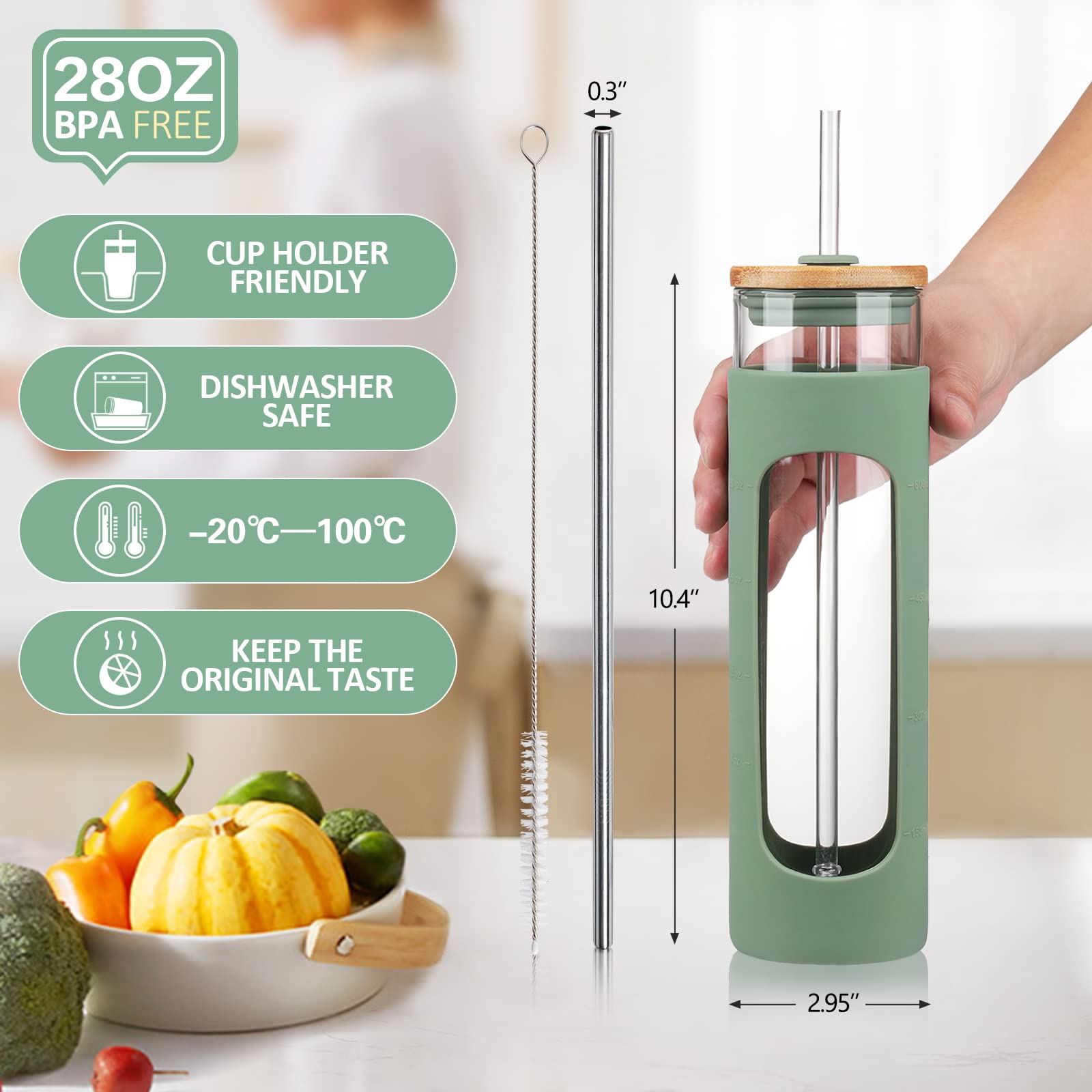 Kodrine 28oz Glass Water Bottles with Straw and Bamboo Lid, Wide Mouth Water Tumbler with Time Marker,Straw Silicone Protective Sleeve BPA FREE-Olive