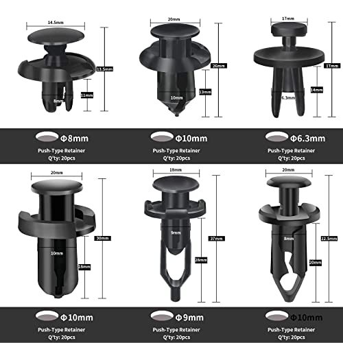 KCRTEK 120 pcs 6.3mm 8mm 9mm 10mm Nylon Bumper Push Fasteners,Bumper Clips with Fastener Removal Tool