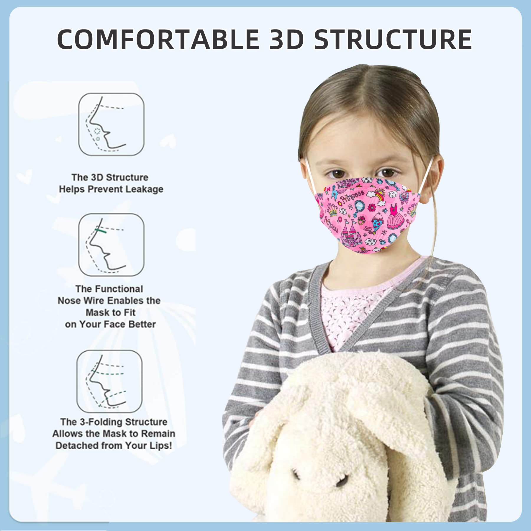 Kids Washable Face Masks With Adjustable Ear Loops, 4D Cute Designer Mask for Kid (princess)