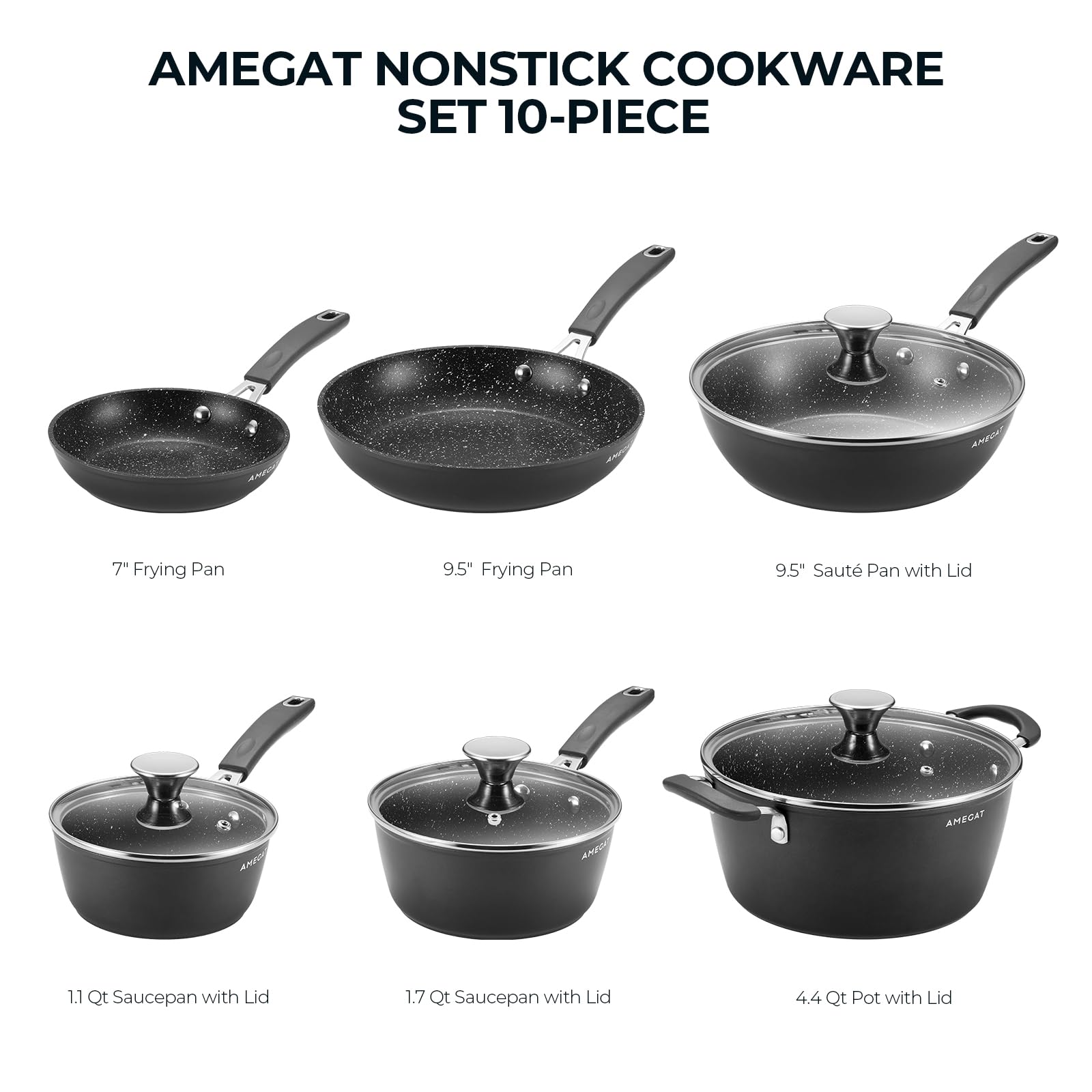 Induction Cookware Set, Pots and Pans Set 10-Piece, AMEGAT Nonstick Pan Set with Lids, Stay-Cool Silicone Handles, Frying Pans, Saucepans & Pot, for All Stoves