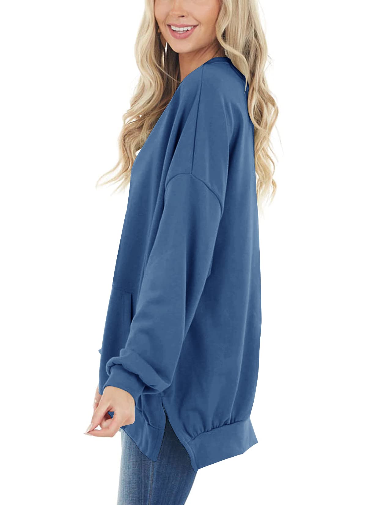 Limerose Women's Casual Long Sleeve Sweatshirt Side Slits Pullover Round Neck Loose Tops With Kangaroo Pocket (Blue, Small)