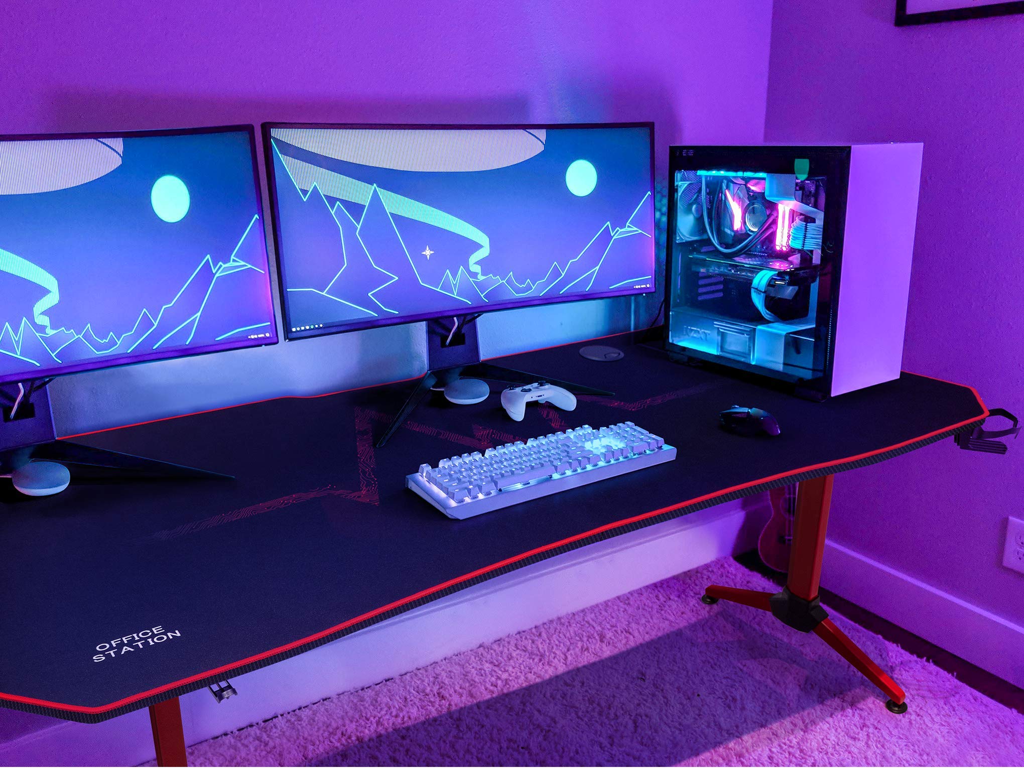 KaiMeng Gaming Desk 55 Inch PC Computer Game Desk with Mouse Pad Home Office Study Table Gamer Workstation Carbon Fiber Modern Surface Sturdy T-Shaped Y Leg, Red