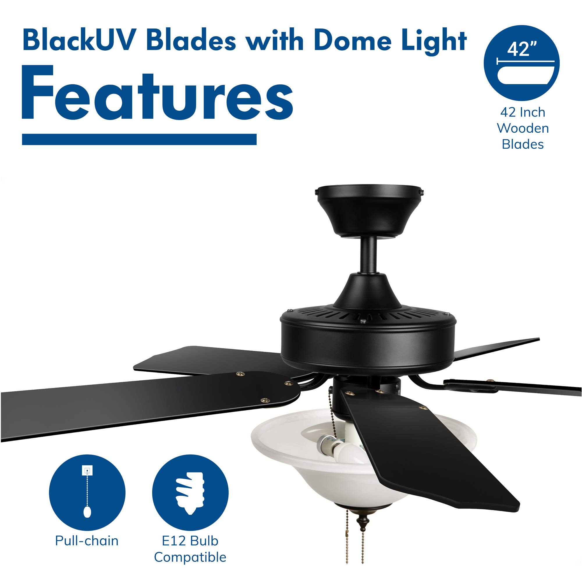 Hyperikon 42 Inch Ceiling Fan, 55W, Remote Control and Pull Chain, Black Fixture, 5 Blades, Frosted Dome Light, Black