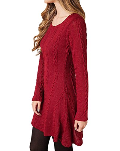 Women Fashion Cable Knitted Sweater Long Sleeve Crew Neck Pullover Dress Large WineRed