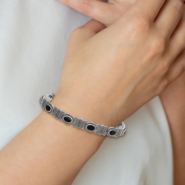 IceCarats 925 Sterling Silver Marcasite Black Onyx 7.25 inch Chain Gemstone Tennis Bracelet