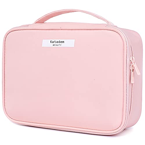Katadem Travel Makeup Bag,Large Opening Makeup Bag,Portable Makeup Bag Opens Flat for Easy Access, Toiletry Bag,PU Leather Makeup Bag,Large Cosmetic Organizer for Women (ppink)