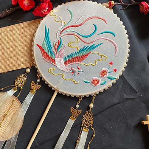Lmtossey Vintage Round Fan Long Handle Tassel Dancing Hanfu Circular Fan Ancient Chinese Style Classical Printed Court Round Fan Wedding