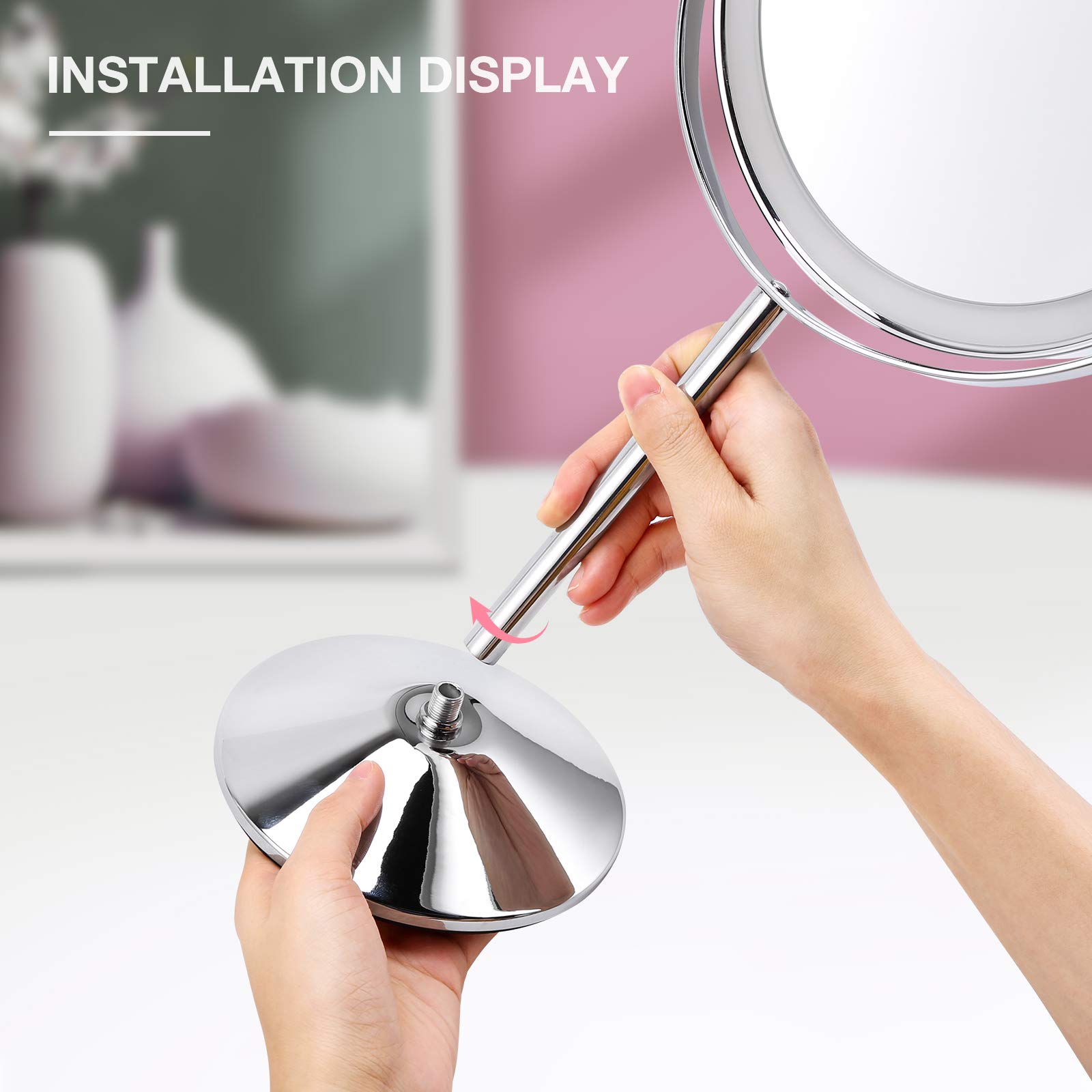 KDKD Lighted Makeup Mirror 7X Magnifying Swivel Vanity Mirror with 72 LED Lights 3 Color Modes, 8 Inch Round Tabletop Standing Polished Chrome Finished Cosmetic Mirror Rechargeable.