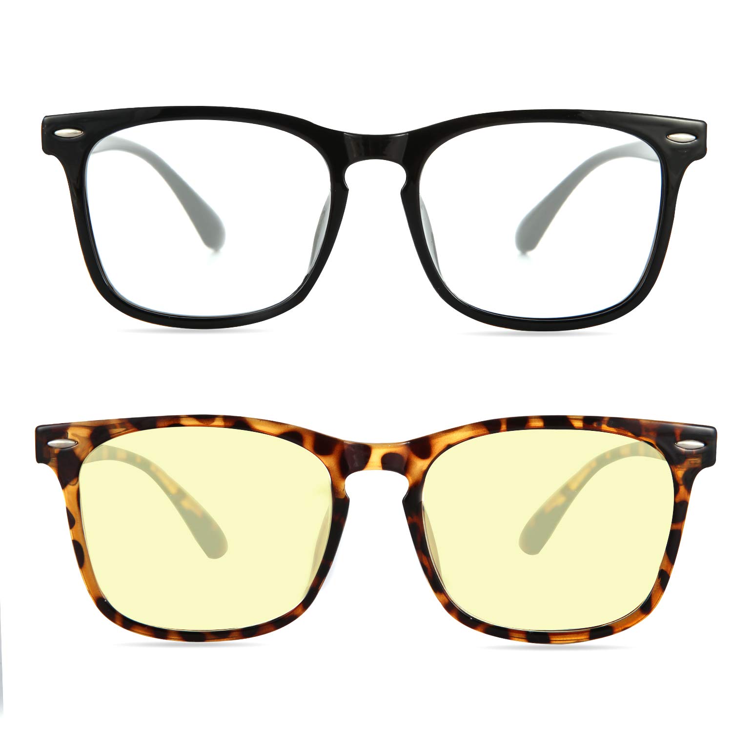 Henni Optix 2-Pack Blue Light Blocking Glasses, Computer Game Driving Glasses, Stylish Square Anti Eyestrain Glasses for Women/Men ( Black & Leopard)