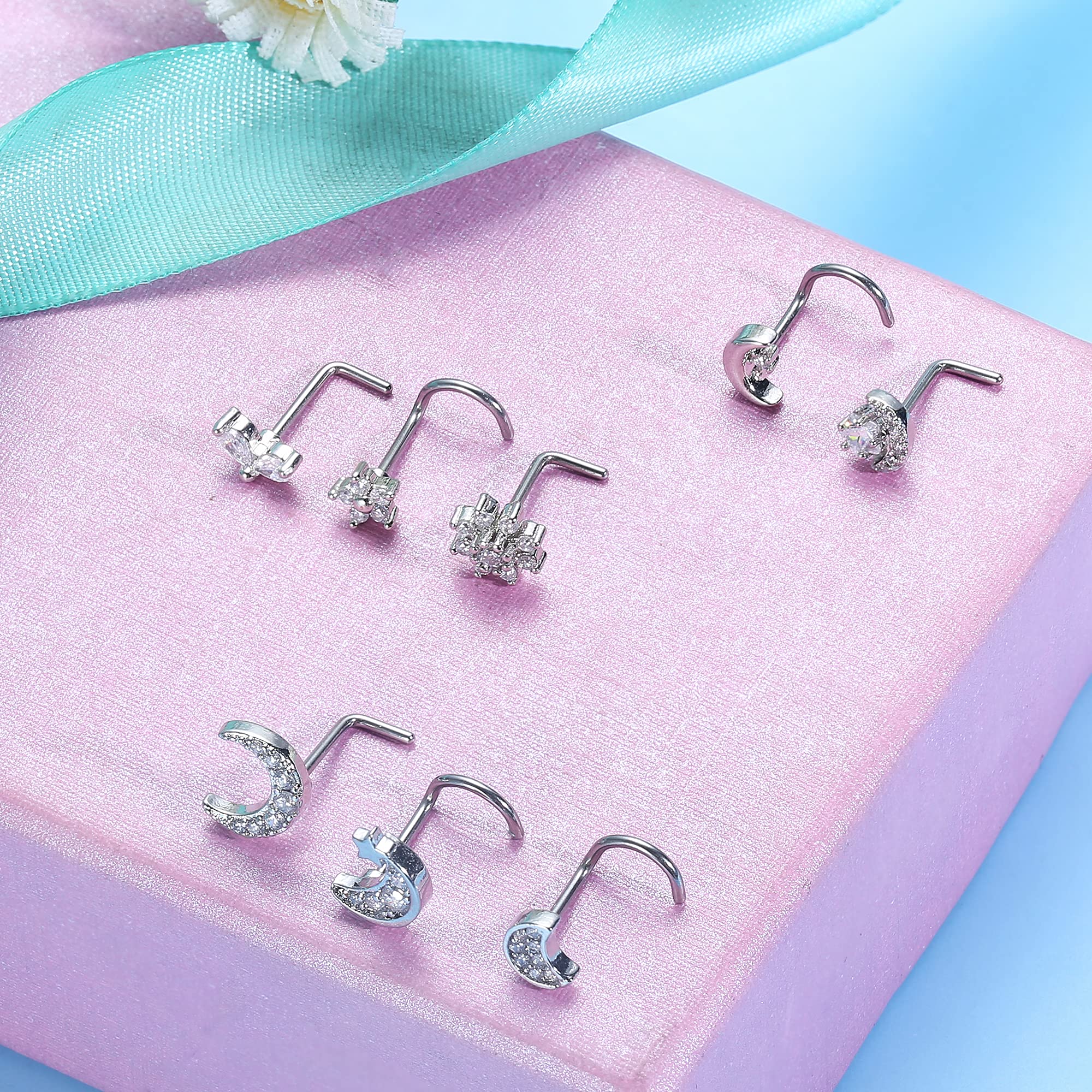 IRONBOX 8Pcs 20G Stainless Steel Nose Rings Stud Moon Star L Shaped Nose Rings Snowflake Nose Stud Screw Nose Rings Flower Nose Stud For Women Men