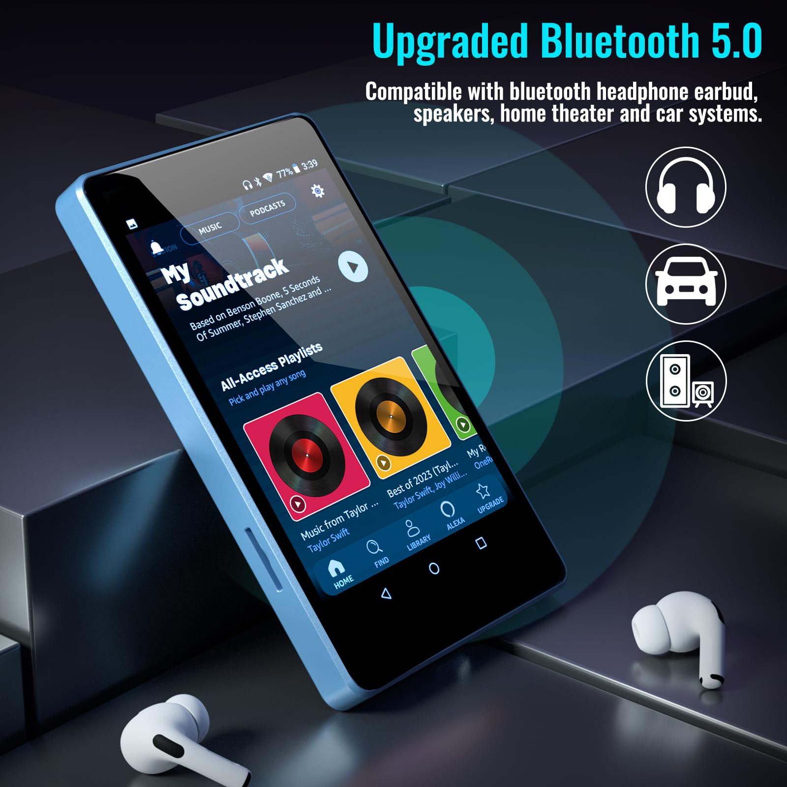 Kids MP3 Player with Parental Controls, Pre-Installed Spotify Kids, Spotify, Audible, Amazon Music, 4.0" IPS MP4 Music Player Up to 256GB (Blue)