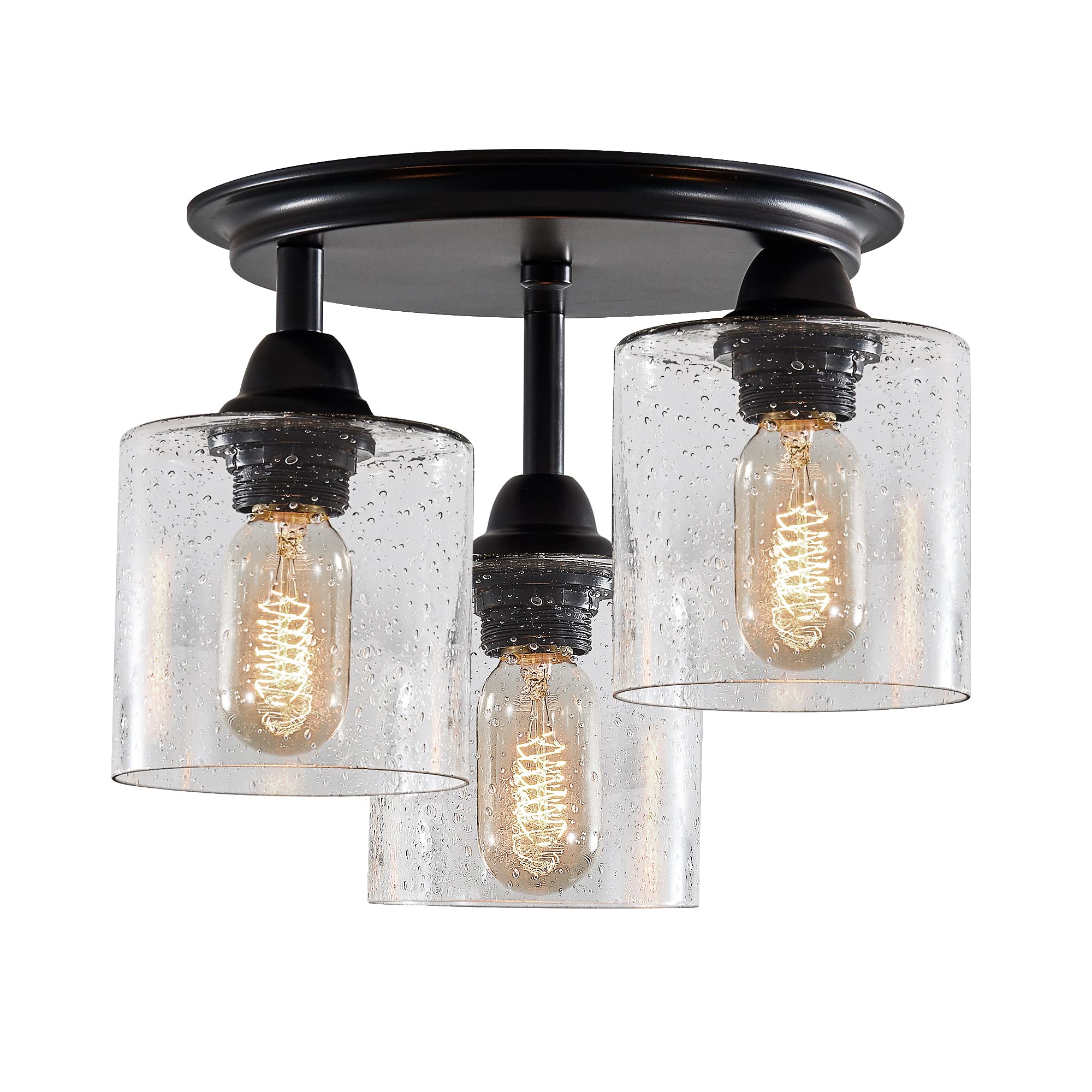 LEDIARY Semi Flush Mount Ceiling Light, 3-Light Industrial Black Matte Light Fixtures Ceiling Mount, Hallway Light Fixtures with Clear Seeded Glass Shades for Kitchen, Entryway, Bedroom, Foyer