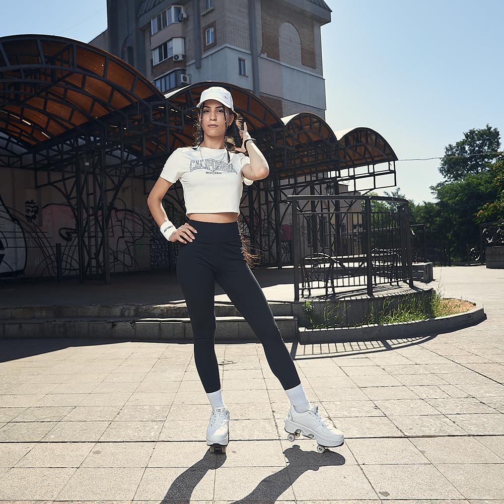 KOFUBOKE 2-in-1 Roller Skates & Sneakers Unisex Retractable Wheels Outdoor Fun & Fitness Kick Roller Shoes (White Without Light, 8)