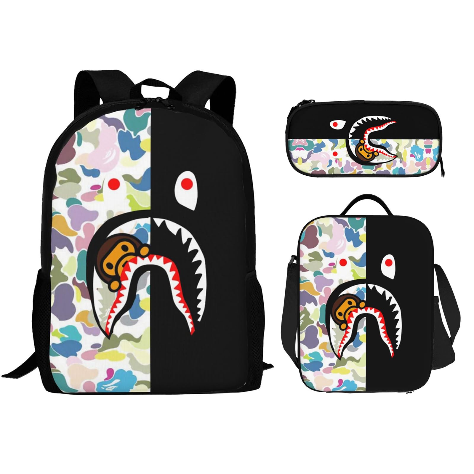 KAJUE Shark Camo Backpack 3 Piece Set with Lunch Box Pencil Case For Boys Girls Teens Men Women Daypack 17 Inch