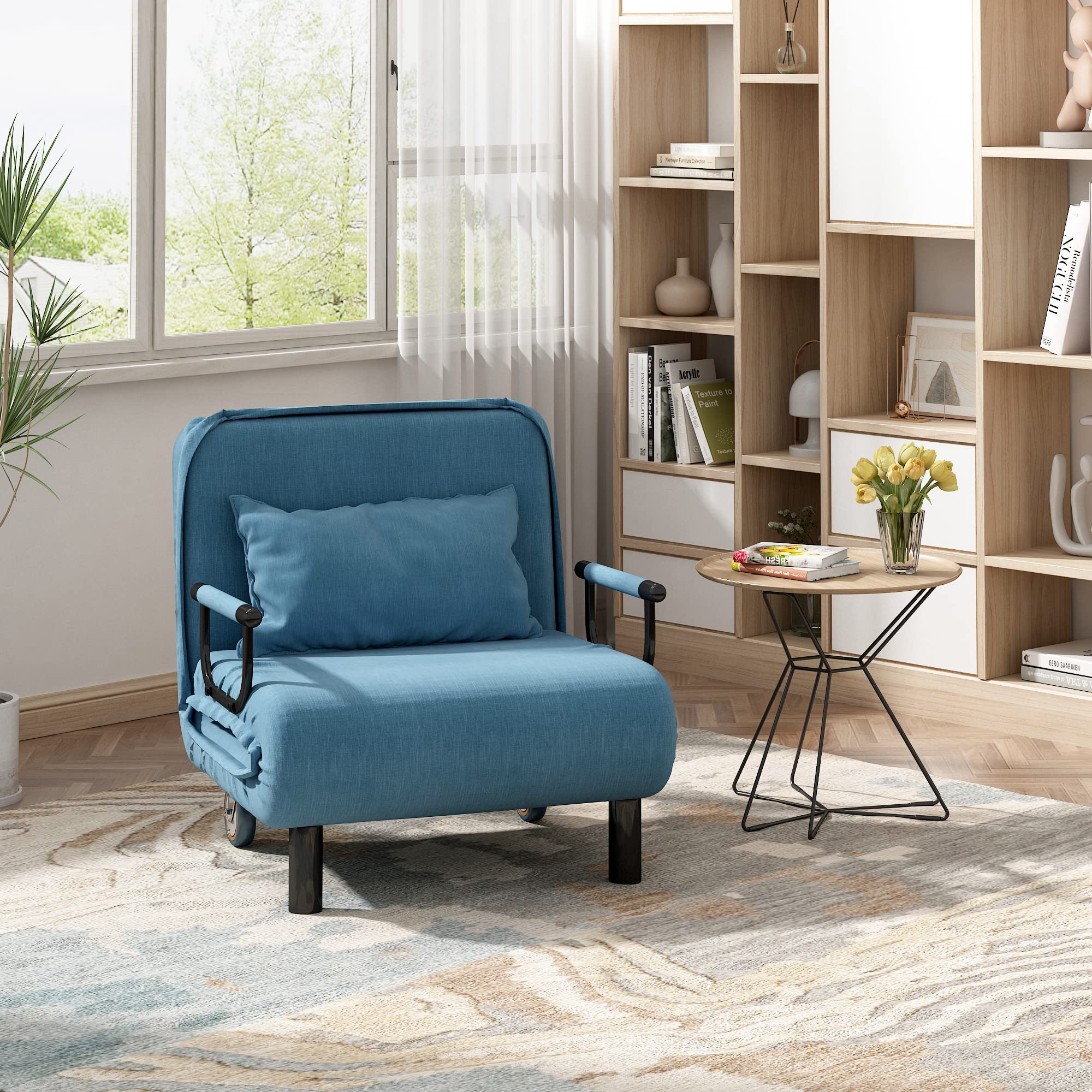 JAXSUNNY Convertible Sofa Bed Sleeper Chair, 5 Position Blue Recliner with Adjustable Backrest and Pillow, Chaise Lounge Couch for Living Room Bedroom Home Office