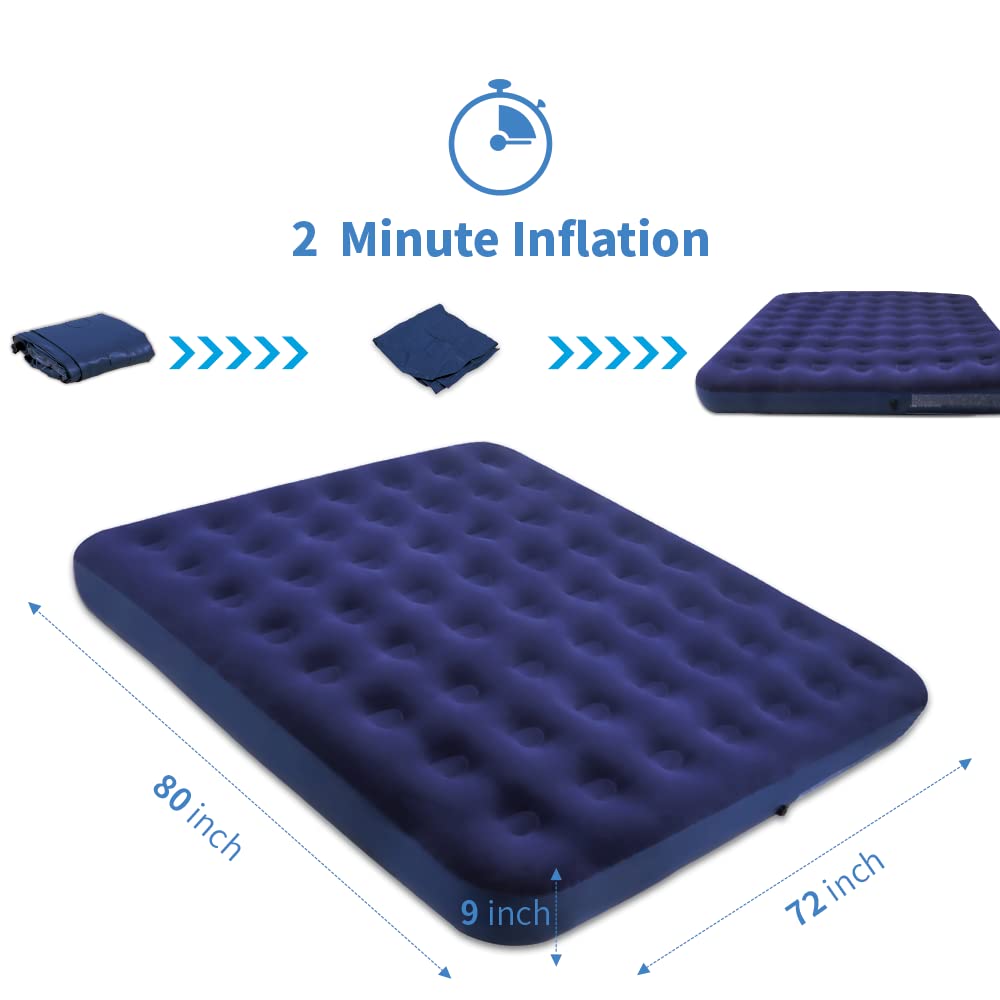 King Size Air Mattress Double Air Bed - Foldable Blow Up Mattresses with Flocked top - Portable Inflatable Beds with Patch Kit for Backpacking Tent Camping/Home/Traveling (80"*72")