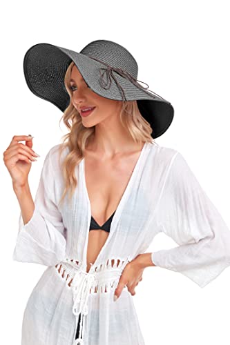 Women Wide Brim Straw Hats,Folable Floppy Sun Hats for Women Uv Protection,Summer Beach Packable Sun Hats UPF 50+ Black