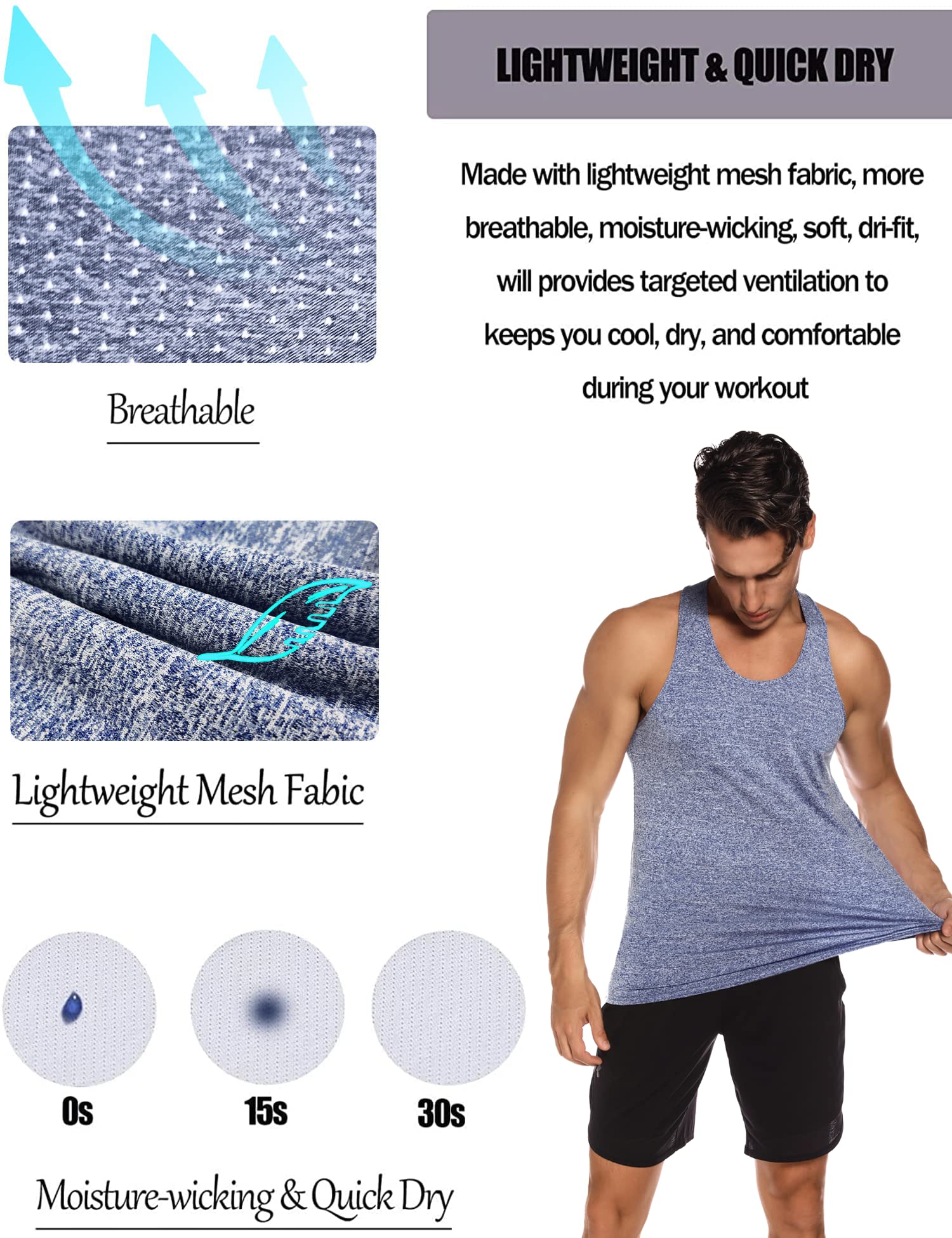 LecGee Gym Stringer Tank Tops for Men 3 Pack Y-Back Training Bodybuilding T-Shirts Dry Fit Workout Muscle Tee