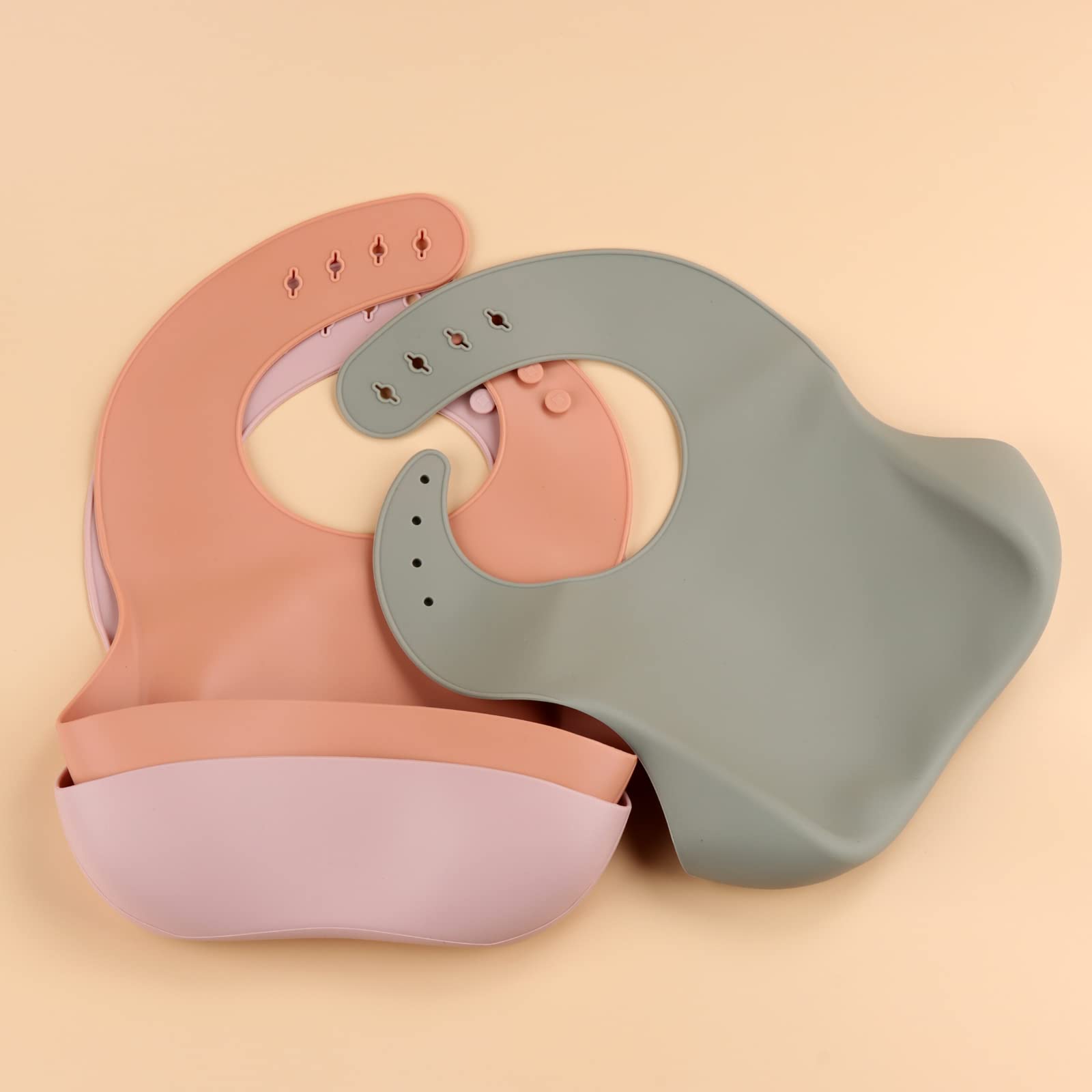 Mintlyfe Silicone Bibs for Babies, 2 Sets Baby Feeding Bibs Waterproof Soft Durable Adjustable Bibs, BPA Free (Blush/Muted)