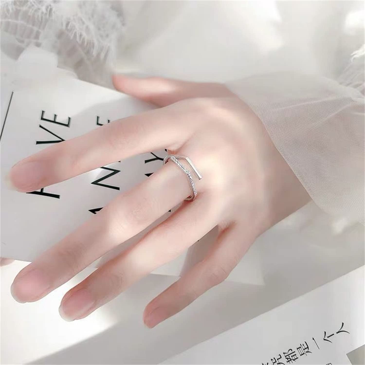 JXGXB 925 Sterling Silver Open Index Finger Ring with Geometric Lines Simple Ring