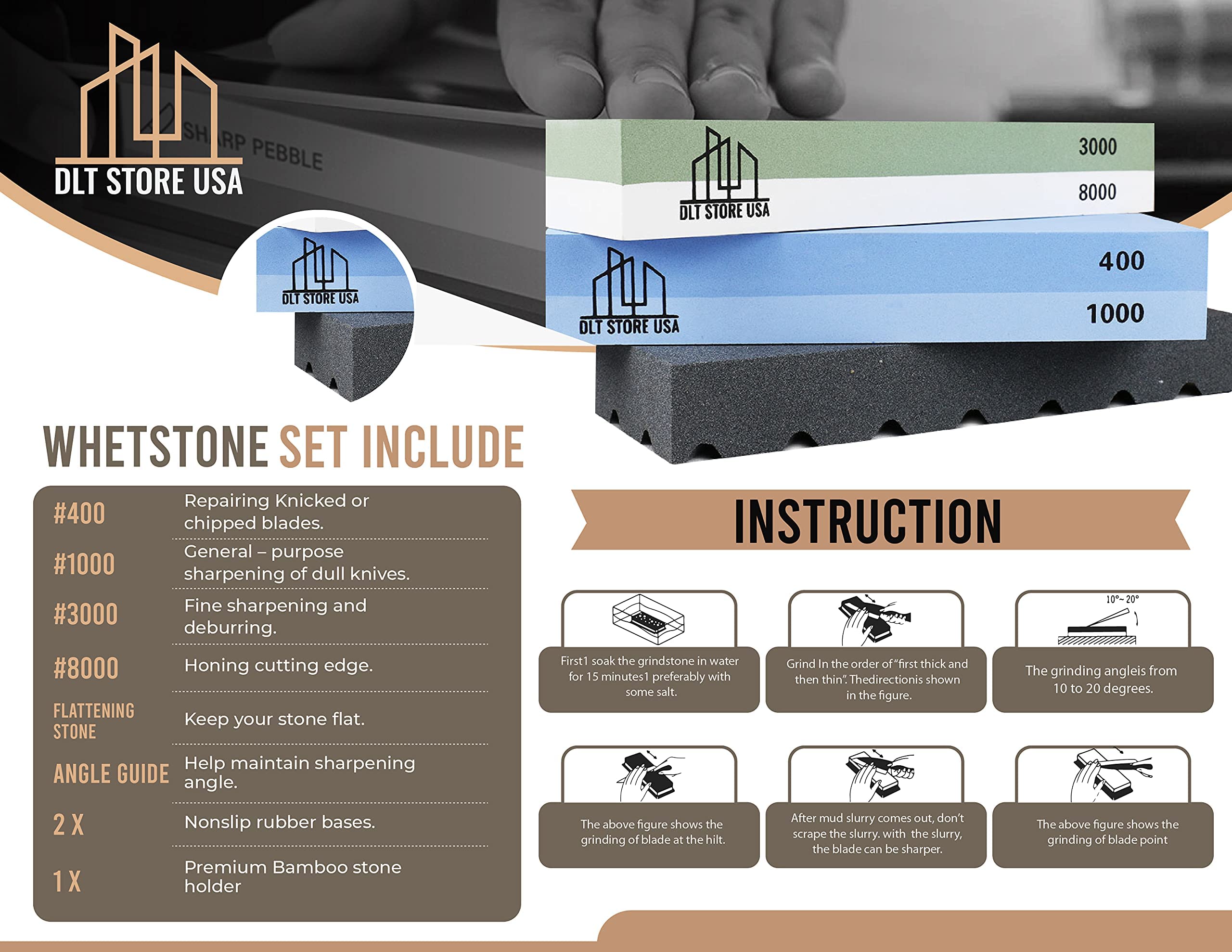 Knife Sharpening Stone Kit, DLT Store USA Professional Whetstone Sharpener Stone Set, Premium 2 Side Grit 400/1000 3000/8000 Water Stone, Flattening Stone, Non Slip Bamboo Base & Angle Guide