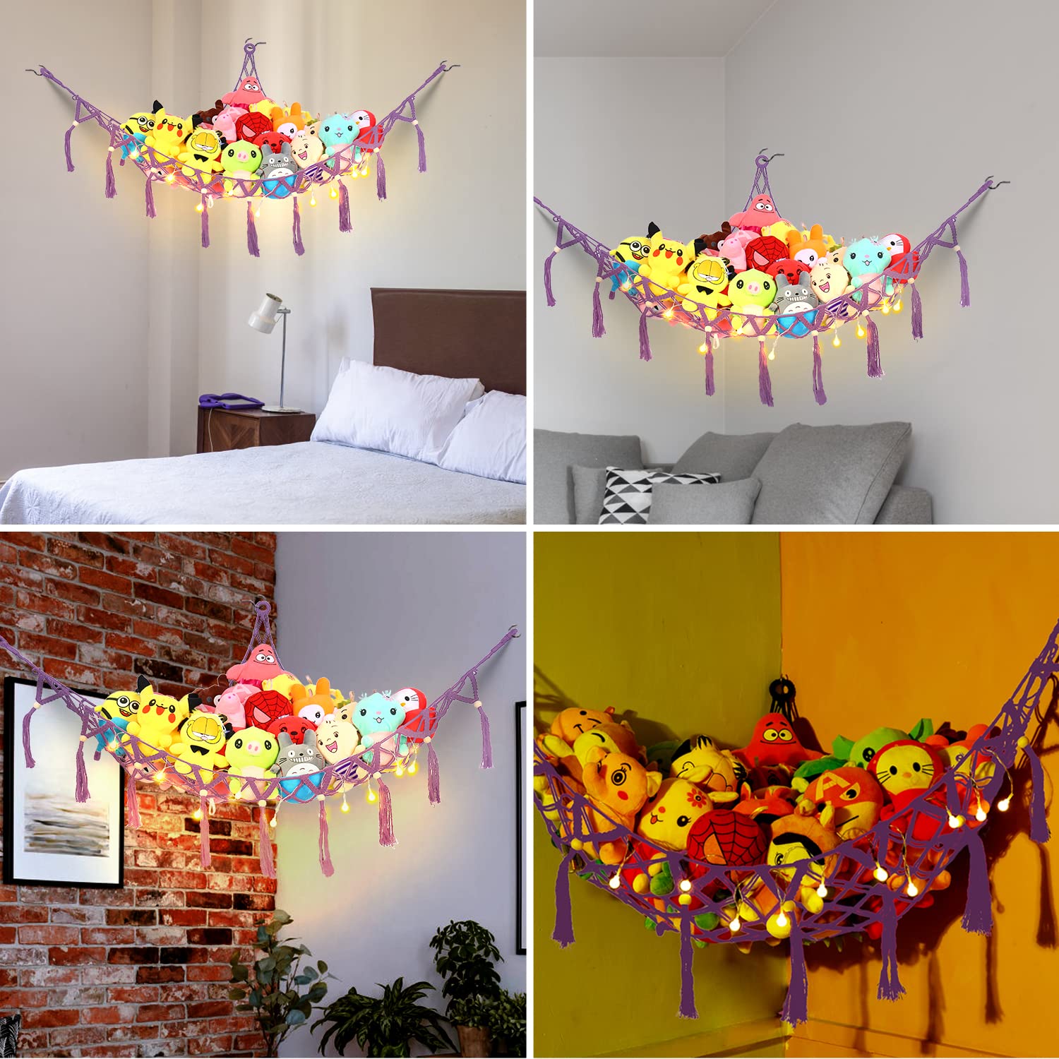 KOHUIJOO Stuffed Animal Net or Hammock Macrame Toy Hammock for Stuffed Animals With Lights Plush Toy Storage Hammock Corner Hanging Mesh Net Boho Nursery Organizer for Kidroom Playroom Purple
