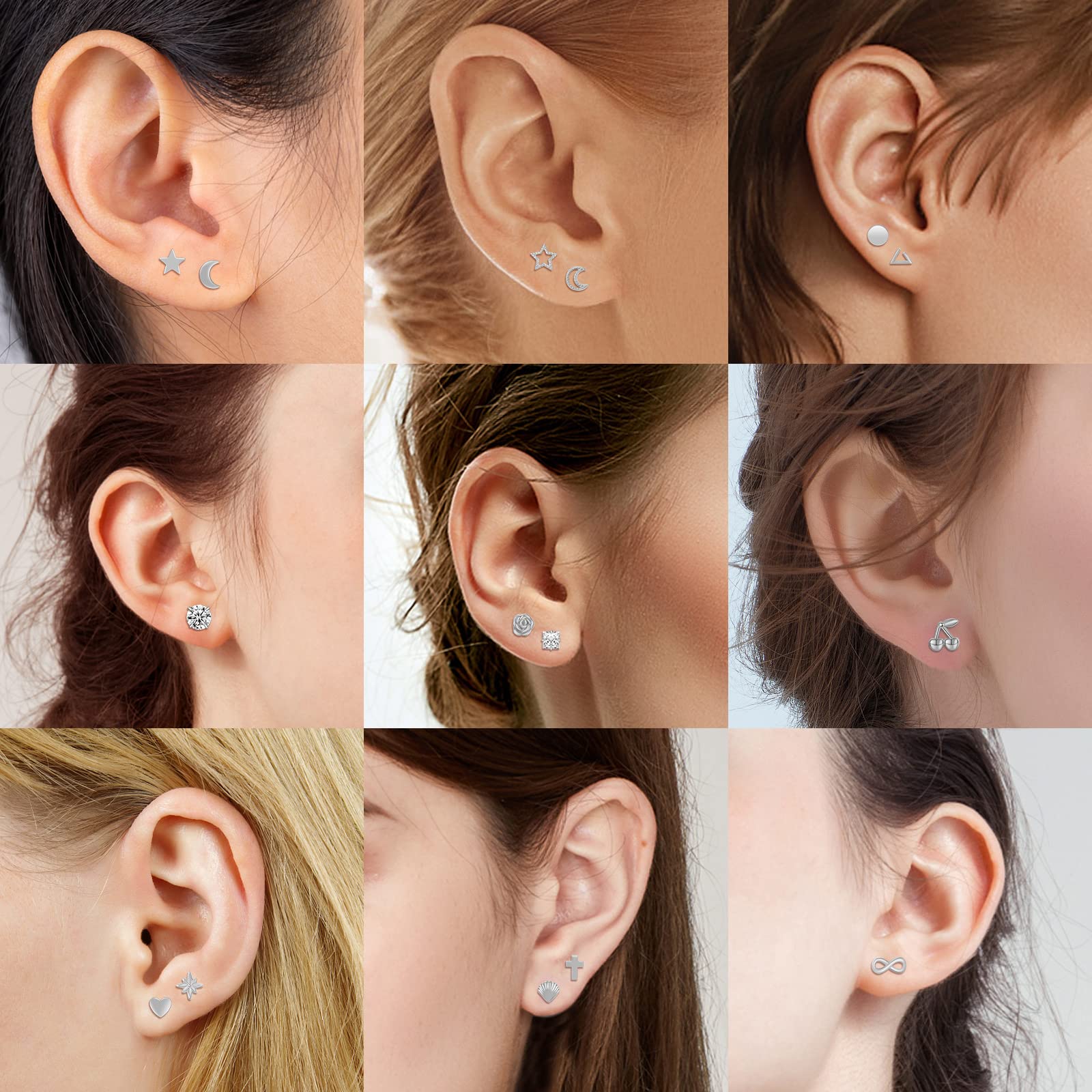 KANOUE 18 Pairs Stainless Steel Stud Earrings Set Moon Heart Cross CZ Tiny Cartilage Geometric Triangle Flat Back Hypoallergenic