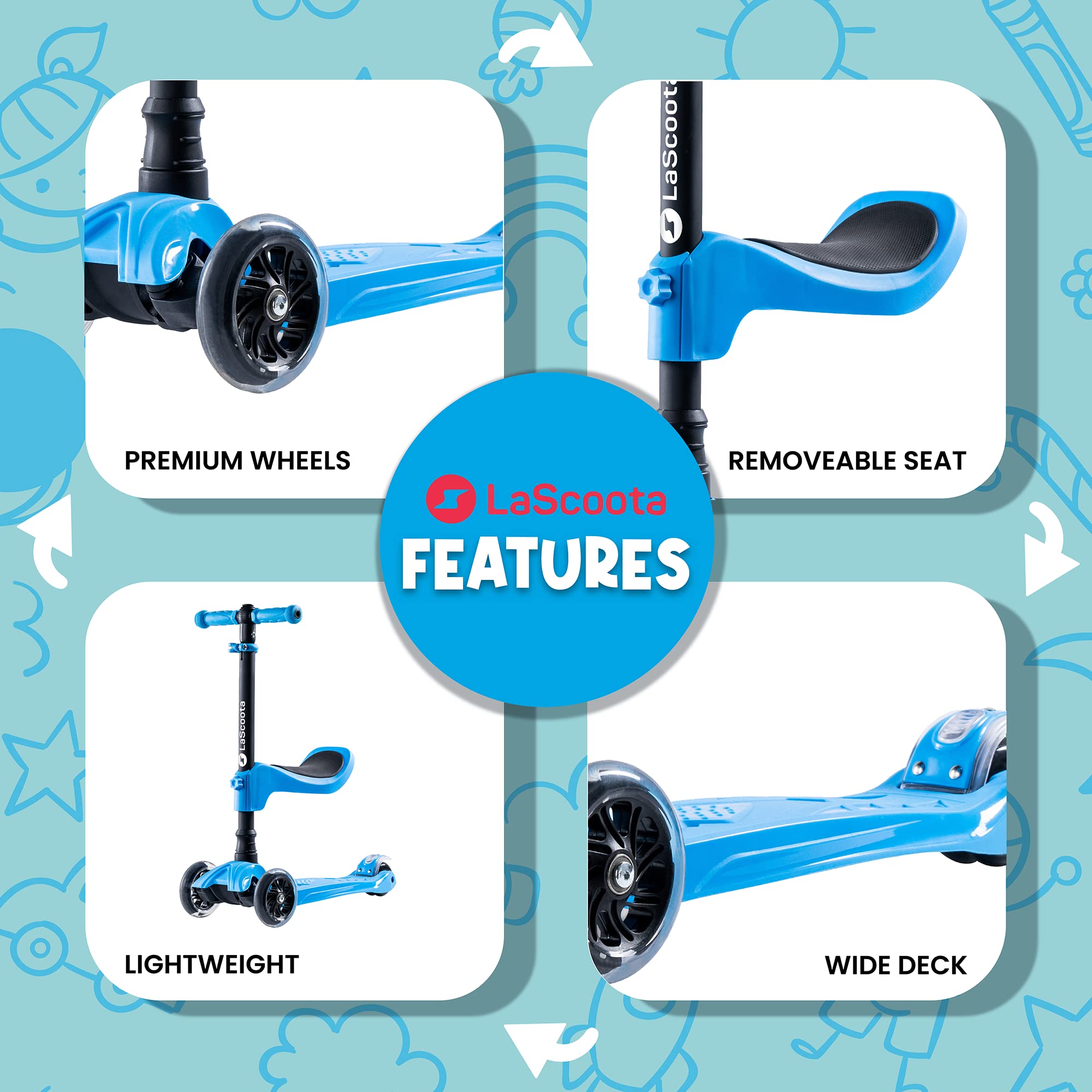 LaScoota Kick N Roll Scooter for Kids, 3 Wheel Adjustable Height Scooter with LED Flashing Wheels and Anti-Slip Deck, for Riders Aged 3-12 and up to 100 lbs.