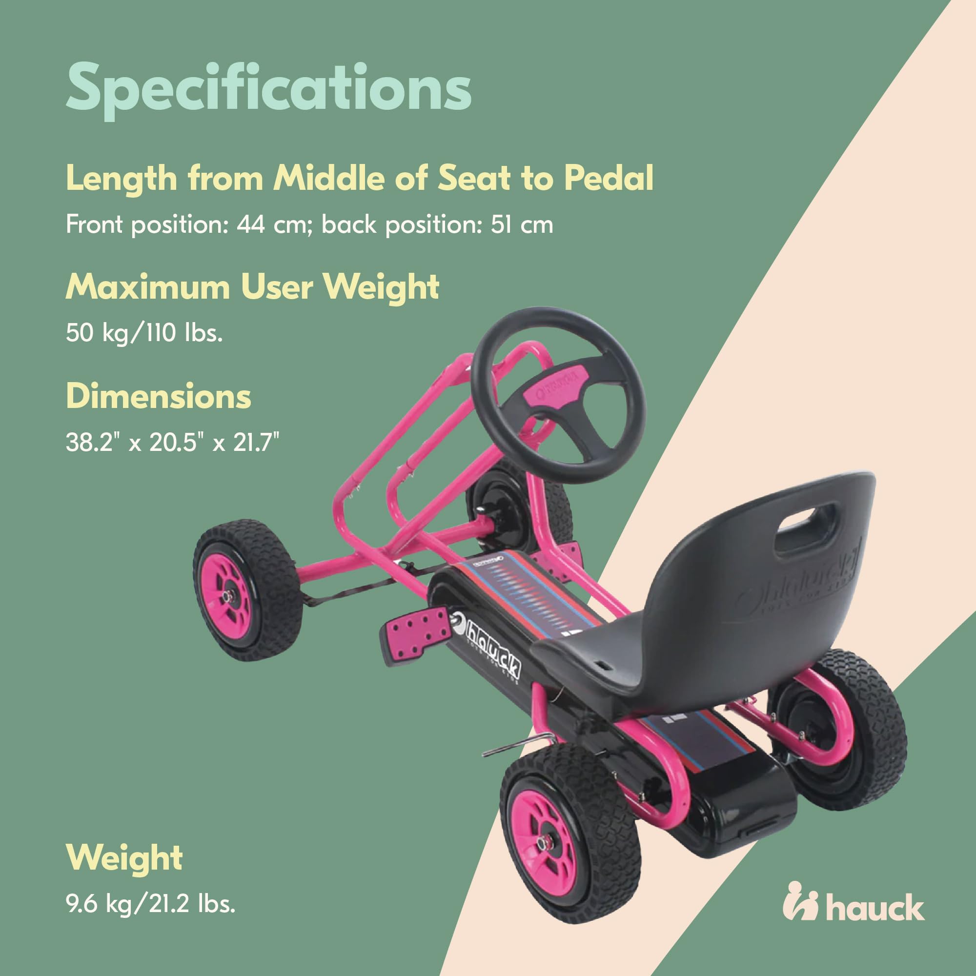 hauck Lightning Ride On Pedal Go Kart Toy with Ergonomic Adjustable Bucket Seat, Handbrake, and Sharp Handling for Boys and Girls, Pink