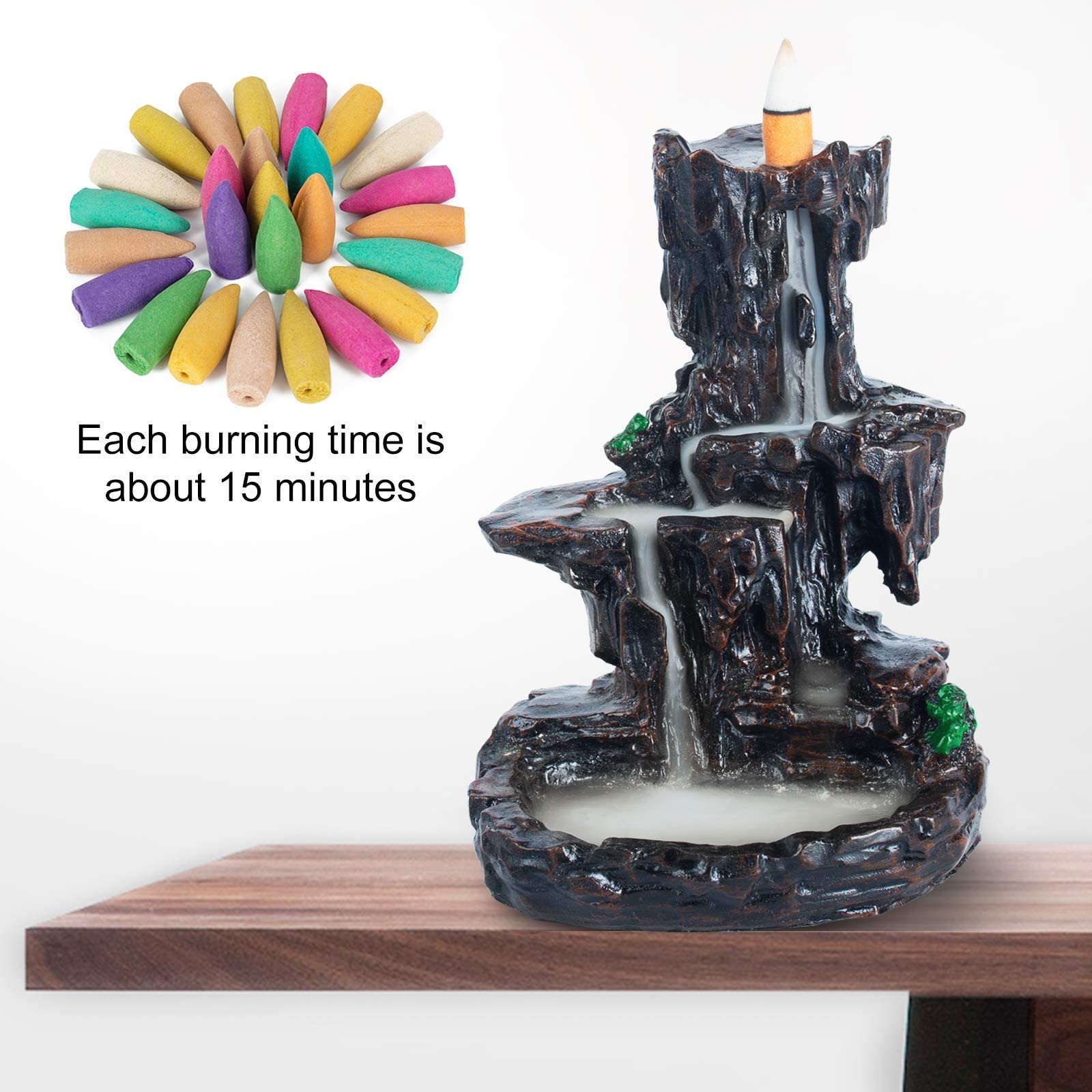 Incense Waterfall Burner Backflow Mountain River Incense Holder by DAILYLIFE, Home Decor Aromatherapy Ornament with 120 Upgraded Backflow Incense Cones + 30 Incense Sticks + 1 Cushion + 1 Tweezers