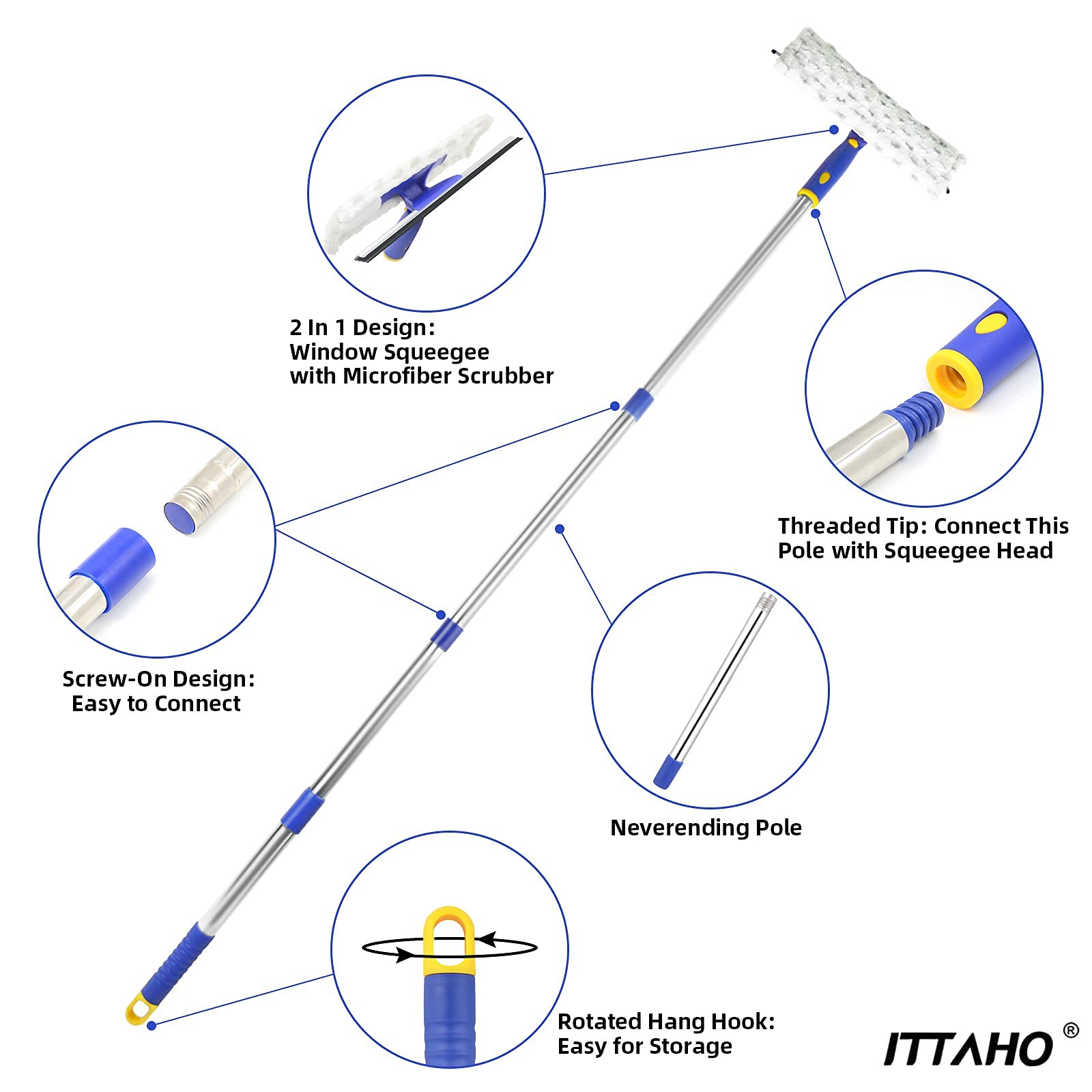ITTAHO 53" Squeegee Window Cleaner, 2 in 1 Squeegee for Window Cleaning Tool Kit with Extension Pole, Window Cleaning Squeegee Kit for Shower Glass,Indoor,Outdoor High Window Cleaning-Two Pads