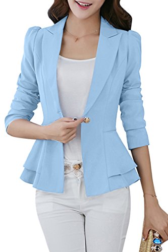 YMING Womens Casual Solid Color Blazer Office Blazer Business Ruffle Hem Jackets Water Blue M