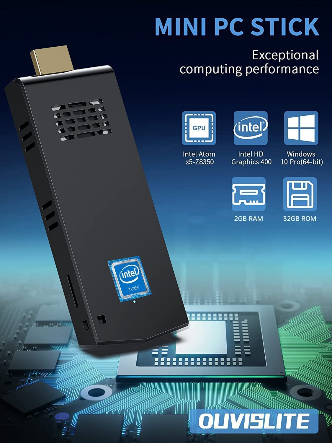 OUVISLITE Fanless Mini PC Stick - Windows 10 Pro Intel Atom X5-Z8350 (2GB DDR3L, 32GB eMMC), Small Form Portable Computer Stick Supports 128GB TF Card, HD,Bluetooth 4.2 and Wi-Fi
